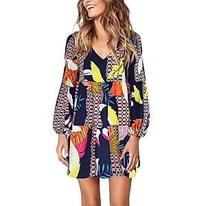Amoretu Dresses for Women Pattern Casual V Tunic Dresses, Spring, Summer, 2025 (Printed Geometry, L)