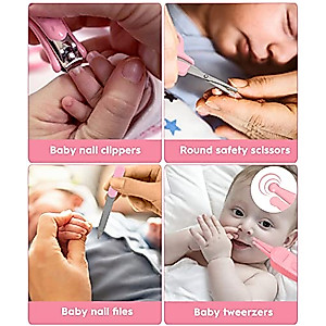 Baby Healthcare and Grooming Kit, Safety Newborn Nursery Care Set, with Hair Brush Comb, Nail Clipper, Thermometer, Pacifier Clip, Nasal Aspirator for Newborn Infant Baby Girls Boys (Pink)