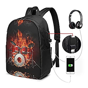 AMRANDOM School Backpack Book Bag Rock Roll Drums Flame Drummer Skull Supplies For College Students Travel Laptop Backpack With One Size