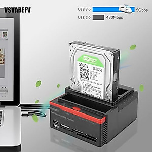VSVABEFV Hard Drive Docking Station Hard Drive Dock Reader, Hard Drive Enclosure 2.5"/3.5" USB 3.0 to 2 SATA Ports 1 IDE Port External HDD Hard Drive Card Reader USB3.0 Hub with OTB/OTC Offline