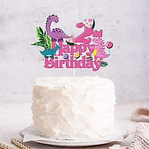 Pink Dinosaur Happy 2nd Birthday Cake Topper, Royal Princess Second Birthday Number 2 Girl Dinosaur Cake Pick,Dino Theme Baby Shower Kids Girls 2 Years Old Party Decorations