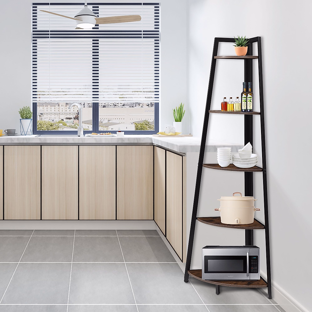 BETTAHOME 5 Tier Corner Stand, 70'' Tall Corner Ladder Shelf, Ideal for Books, Plants, Storage, Display Shelving Unit for Living Room, Bedroom, Kitchen, Rustic Brown