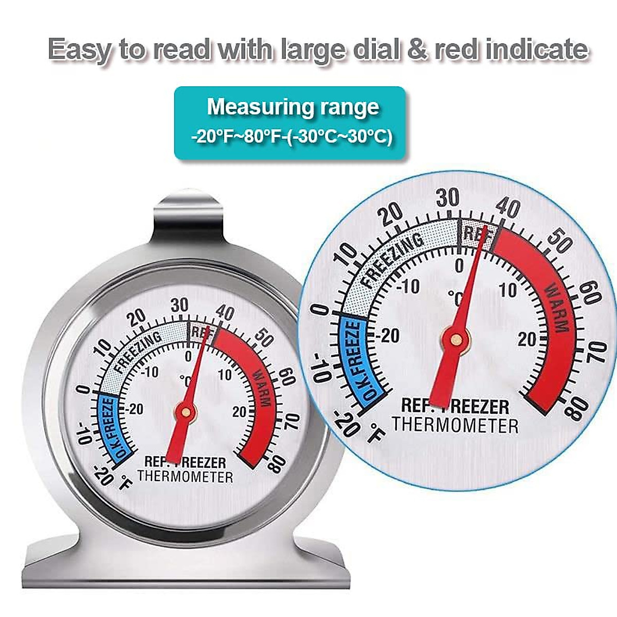 2 Pack Refrigerator Thermometer -30-30 deg C/-20-80 deg F, Classic Fridge Thermometer Large Dial with Red Indicator Thermometer for Freezer Refrigerator Cooler