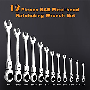 Qnkaa 12pcs Flexible Ratchet Wrenches Set SAE 1/4” to 7/8“ Inch Standard Spanners Gear Ring Ratcheting Combination Flexi Wrench Kit Flex Flexible Head