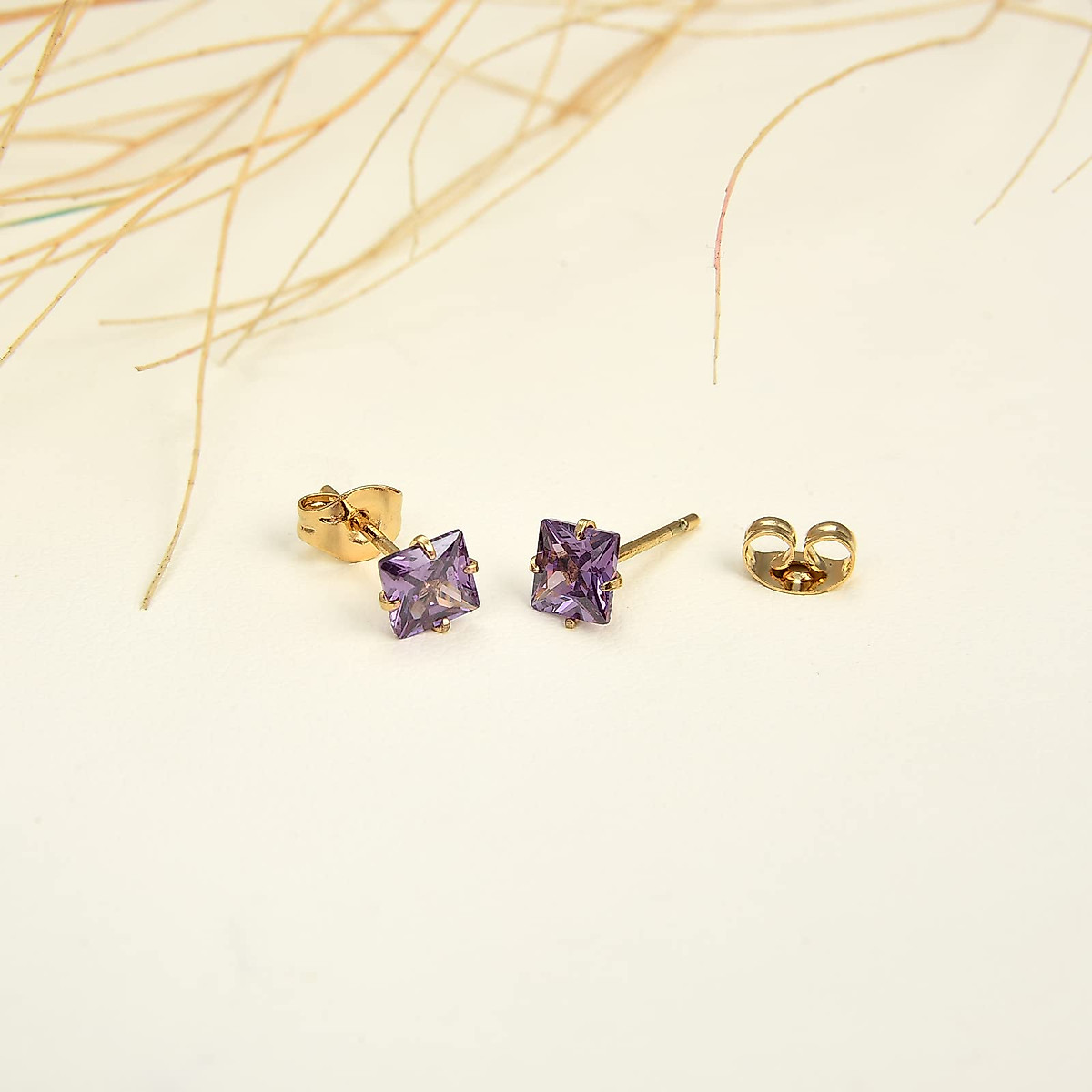 12 Pairs 18K Gold Plated Surgical Stainless Steel Stud Earring, Princess Cut Square Teardrop Cubic Zirconia Birthstone Stud Earrings Set for Women (Gold square 3mm)