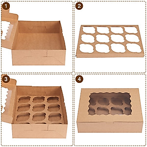 Moretoes Cupcake Boxes 24 Pcs Brown Cupcake Carrier Containers 24 Cardboard 12 Count, Kraft Bakery Boxes with Windows and Inserts to Hold Muffins & Pastries