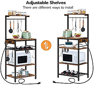 HOOBRO Bakers Rack with Power Outlet, 4-Tier Microwave Stand with Adjustable Wine Rack, Coffee Bar with 10 S-Shaped Hooks, for Kitchen, Living Room, Dinning Room, Rustic Brown BF60UHB01