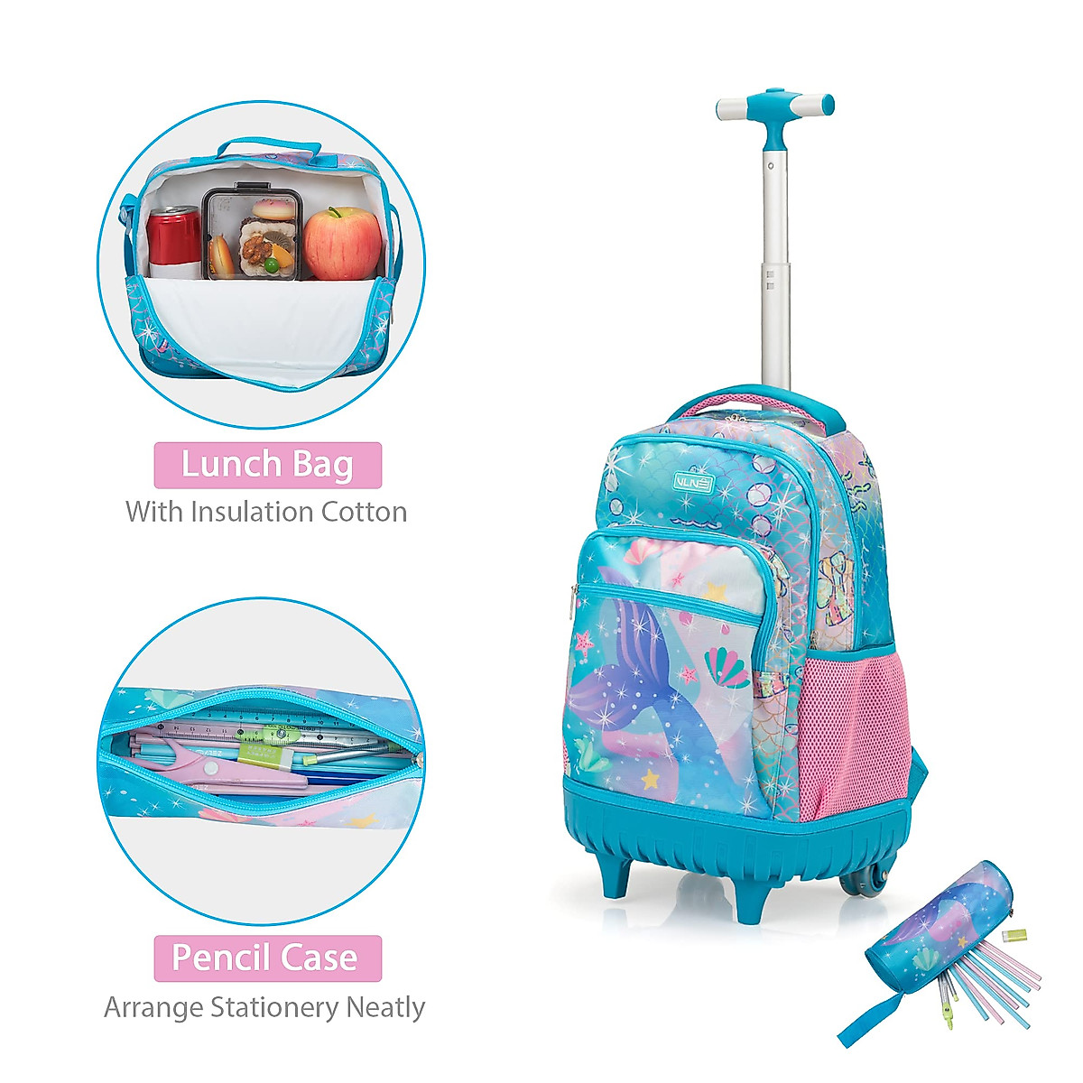 VLIVE Rolling Backpack Set for Girls, Wheeled Kid Backpack w/Lunch Bag & Pencil Case, 20 Inch (Mermaid)