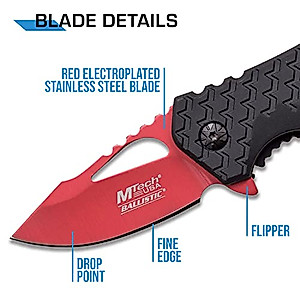 MTech USA – Spring Assisted Folding Knife – Red Fine Edge Stainless Steel Blade with Black Nylon Fiber Handle, Bottle Opener, Pocket Clip, Tactical, EDC, Self Defense- MT-A882RD