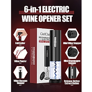 Electric Wine Bottle Opener, CielClair 6-in-1 Rechargeable Automatic Corkscrew Wine Opener Set with Foil Cutter, Wine Pourer, Wine Vacuum Stopper, Mini Champagne Stopper, Reusable Wine Gifts, Black