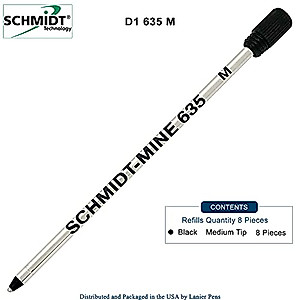 Lanier Combo Pack - 8 Genuine Schmidt 635M ISO 12757-2D, D1 Ballpoint Pen Refills, Compatible With Swarovksi Crystalline Pens, 8 Plastic Tops Included (Black)