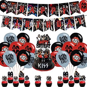 Rock Music Party Decorations,Birthday Party Supplies For Rock Music Band Party Supplies Includes Banner - 12 Cake Toppers - 18 Balloons