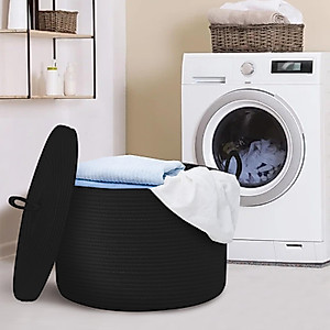 MEGASKET Black Basket with Lid, 20" X 15" Large Wicker Baskets for Organizing, Woven Cotton Rope Baskets for Storage, Kids Room Storage Toy Box Organizer and Storage Basket, Stuffed Animals basket Bin