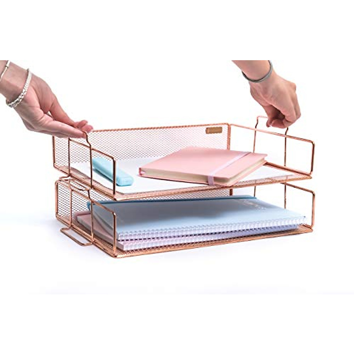 Rose Gold Letter Tray - 2 Tier Rose Gold Desk Organizer for Women, Stackable Paper Tray Organizer, File Organizer for Home Office and Desk Accessories