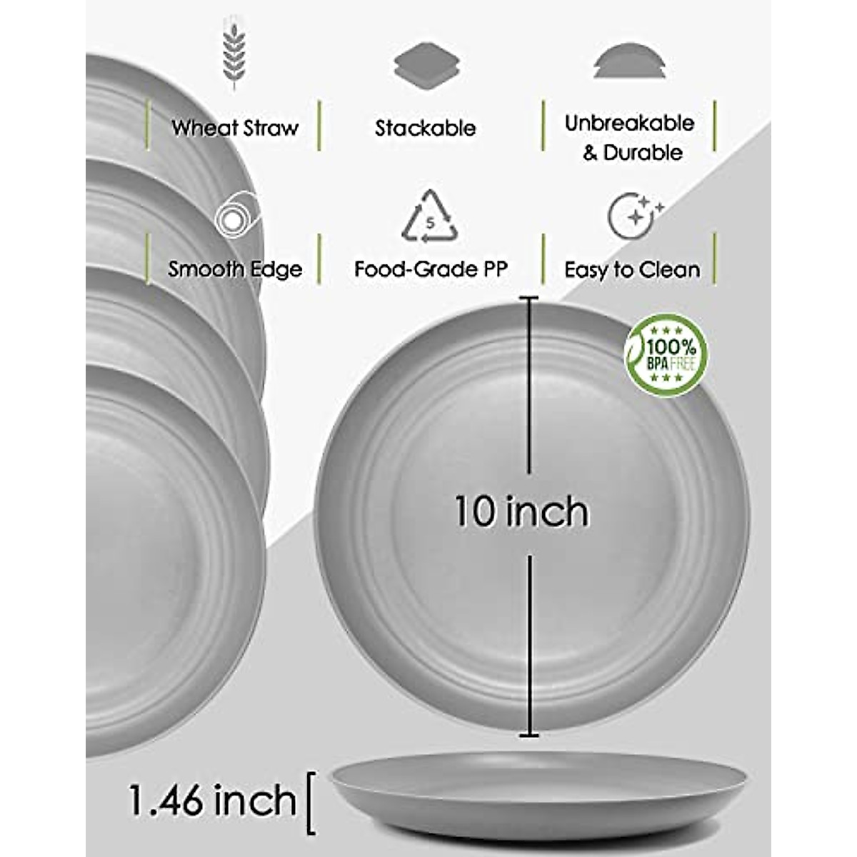 KITWILD Wheat Straw Plates, Unbreakable Dinner Plates, Lightweight Plastic Plates Reusable Plates Set, BPA free, Dishwasher & Microwave Safe, Perfect for Dinner Dishes (4 Pack, Gray)