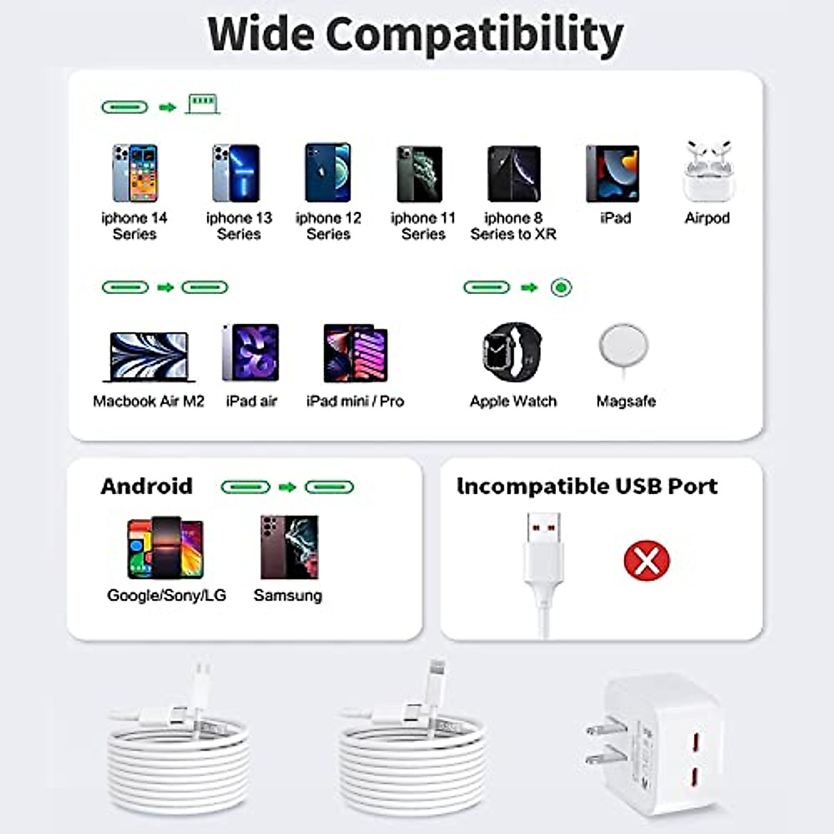 [Apple MFi Certified] iPhone Fast Charger, 35W Dual USB-C Power Adapter PD 3.0 Foldable Wall Charger with 6FT USB-C to Lighitning Cable for iPhone/iPad/AirPod,USB-C to C Cable for Samsung/Huawei/Pixel