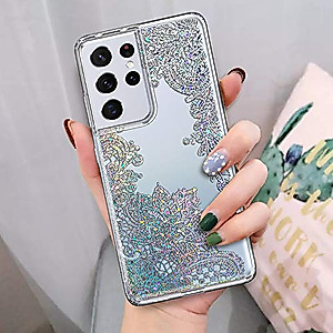 Coolwee Clear Glitter for Galaxy S21 Ultra Case Thin Flower Slim Cute Crystal Lace Bling Women Girl Floral Plastic Hard Back Soft TPU Bumper Protective Cover for Samsung Galaxy S21 Ultra Mandala Henna