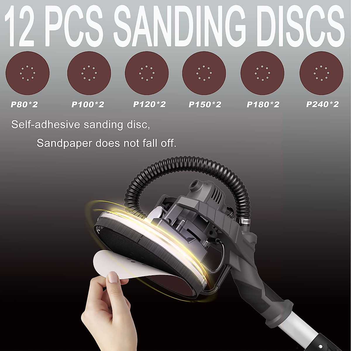 Drywall Sander, IMQUALI Electric Drywall Sander 1050W 8.5A Variable Speed 600-2600RPM Foldable Wall Sander with Vacuum, LED Light, Extendable Handle, Dust Bag and Hose, 12 Sanding Discs, IMQ-919