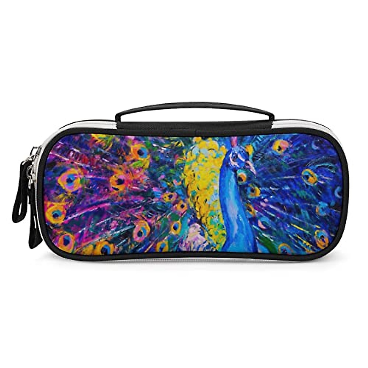 Colorful Peacock Printed Pencil Case Bag Stationery Pouch with Handle Portable Makeup Bag Desk Organizer