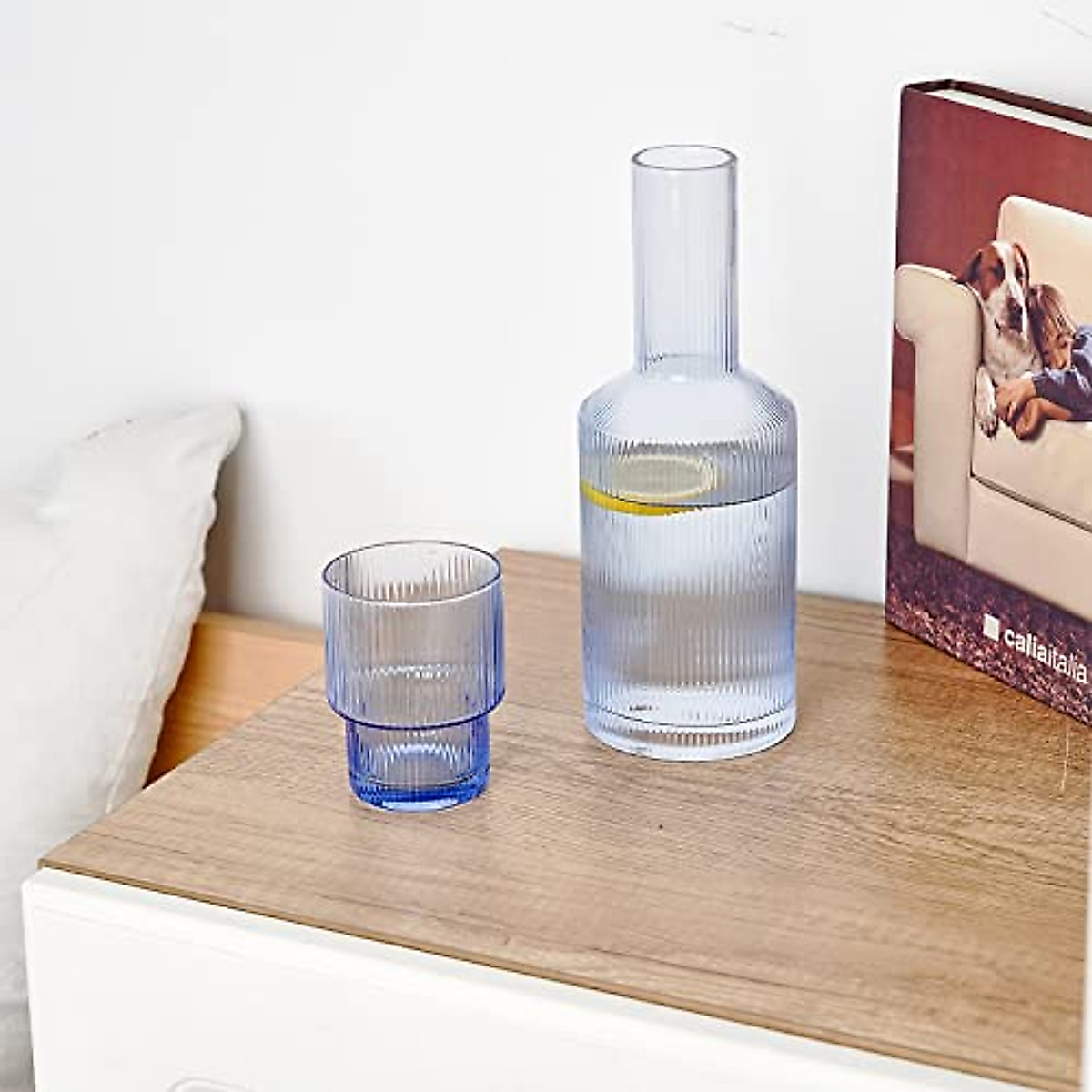Bedside Water Carafe and Glass Set, Blue Night Water Pitcher with Glass Cup for Nightstand, Modern Mouthwash Dispenser with Tumbler Lid for Keeps Water Clean in Bedroom, Bathroom, or Kitchen