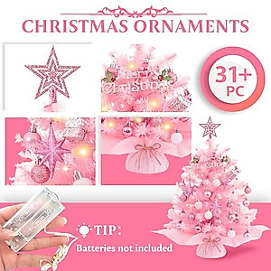 XmasExp 20in Mini Christmas Tree with Lights Pink Small Christmas Tree Artificial Tabletop Xmas Decor Holiday Decoration for Home, Office, Party