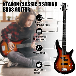 Ktaxon 4 String Electric Bass Guitar, Full Size Standard Right Handed Rosewood Fingerboard Beginner Kit with Cable Wrench Tool (Sunset)