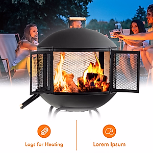 ORALNER Portable Fire Pit on Wheels, 27” Outdoor Wood Burning Firepit Cage w/Spark Screen Cover, Log Grate, Fire Poker, Steel Patio Firepit w/BBQ Grill for Outside Camping, Picnic, Backyard Bonfire