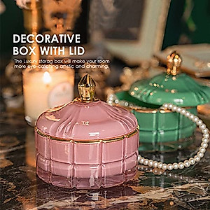 ALAMHI Glass Candy Dish Decorative Bowl, Apothecary Jars with Lids Bathroom Glass Jars for Cotton Ball or Cotton Swab Jewelry Storage Boxes with Lids, Crystal Pink Gifts for Women Coquette Room Decor…