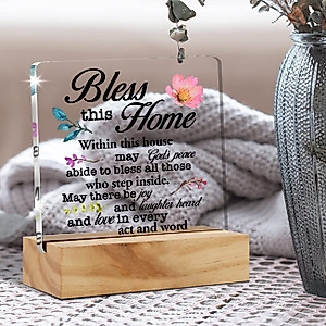 Inspirational House Warming Gifts Home Bless this Home Quote Desk Decor House Blessing Religious Acrylic Desk Plaque Sign with Wood Stand Home Office Desk Sign Keepsake