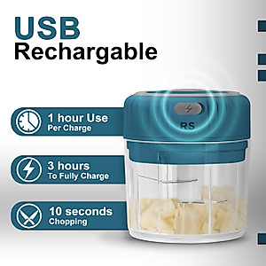 Real Simple Electric Mini Food Processor | Great for Garlic, Onion, Ginger, Jalapeño, Mini Chopper for Quick Food Prep Station | Portable USB Charging, 250 ML Food Container | Blue