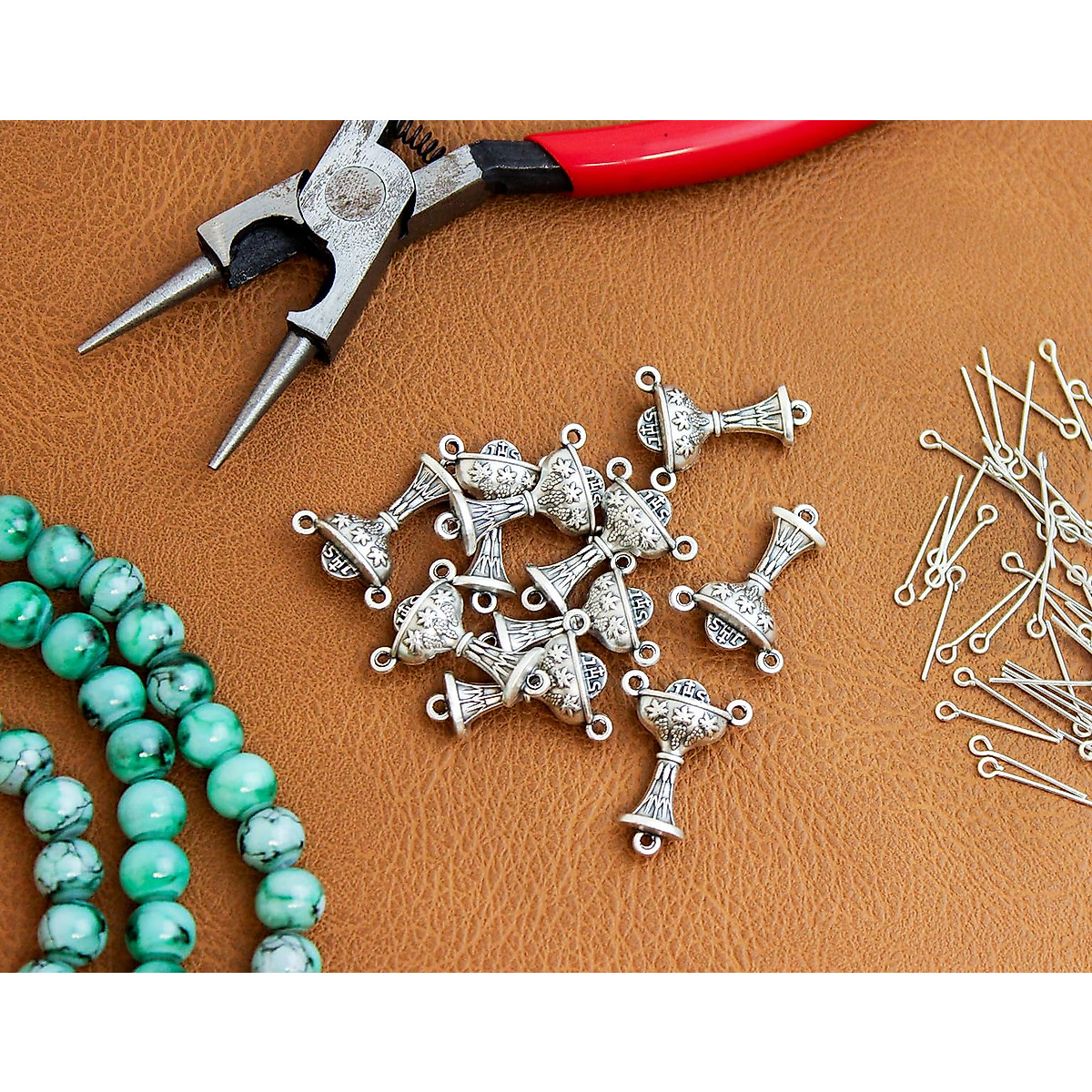 Pack of 10 - First Holy Communion Chalice Sacrament Rosary Center Piece Rosary Connector, 7/8" Silver Oxidized - Made in Italy