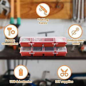 Screw Organizer Storage Bins, 2 Pack Stackable Bins with Lids, Divider Compartment Containers for Garage/Craft Tool Organizing, Tool Cart Cabinet Workbench Drawers Organization and Storage (Red)