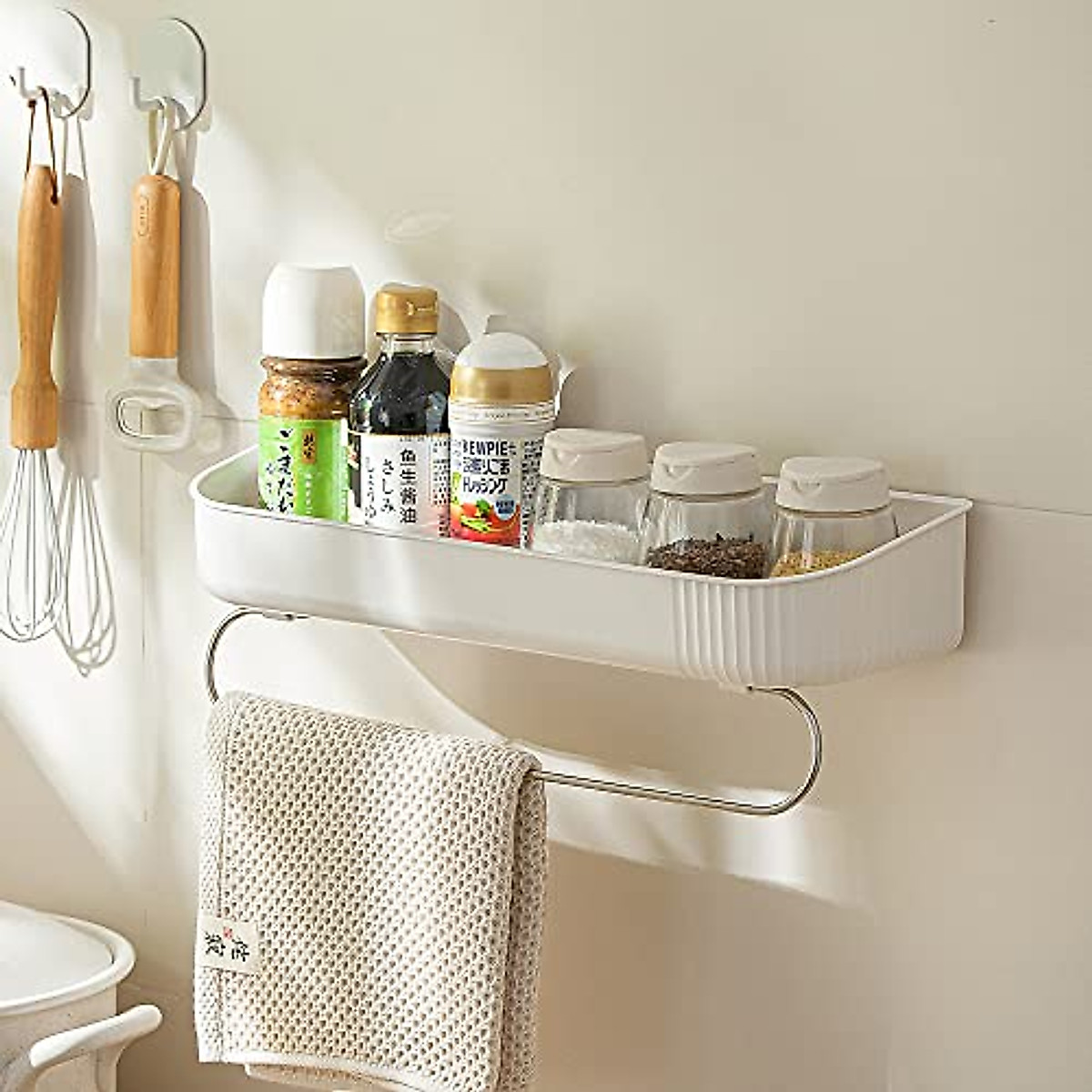 Poeland Bathroom Shelf with Towel Bar, Wall Mounted Shower Storage Organizer Shower Caddy for Bathroom Living Room Kitchen