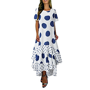 Cnebo Business Dresses for Women 2023 Ladies Short Sleeve Round Neck Polka Dot Prints Side Pockets Long Dress