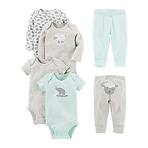 Simple Joys by Carter's Unisex Babies' 6-Piece Bodysuits (Short and Long Sleeve) and Pants Set, Grey/Mint Green/Elephant/Lamb, 0-3 Months