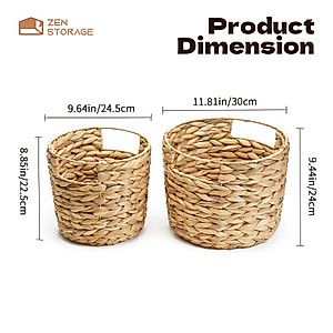 Round Wicker Waste Basket, Wicker Trash Basket for Plants Indoor, Water Hyacinth Basket with Built-In Handle, Garbage Can for Kitchen/Bathroom/Bedroom/Dorm/Office, Set of 2, Small and Large