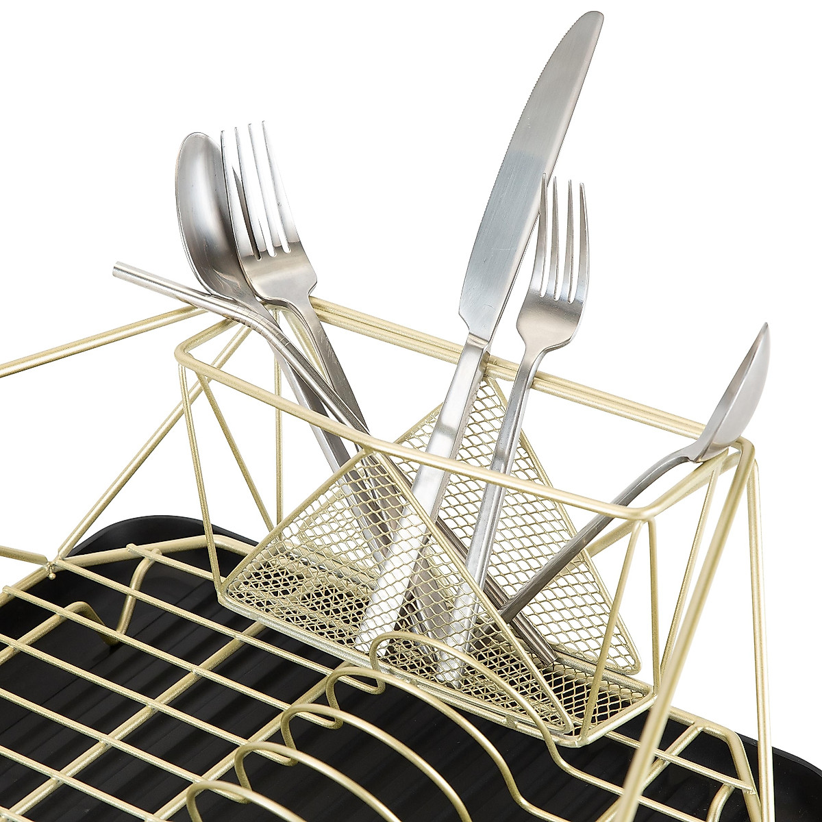 Kitchen Details Utensil Holder Tray Geode Deluxe Dish Drying Rack with Drain Board, Cutlery Basket, Iron Frame, Satin Gold