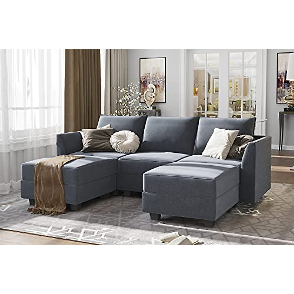 HONBAY Modular Sectional Sofa with Reversible Chaises Sofa with Ottoman U Shaped Sectional Couch for Living Room, Bluish Grey