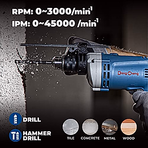 DongCheng Hammer Drill 6A,1/2 Inch Keyed Chuck, 0-3000 RPM/45000 BPM Impact Drill with 15PCS Drilling Bits for Concrete，Metal & Wood, DZJ05-13