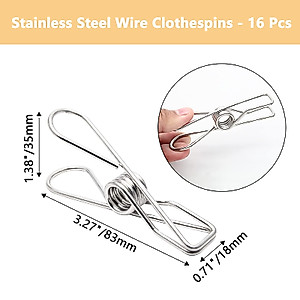Rierdge Stainless Steel Wire Clothespins Laundry Chip, 3.3" Multi-Purpose Durable Heavy Duty Long-Lasting Strong-Grip Metal Clothesline Clips for Kitchen Bathroom Office, 16 Pack