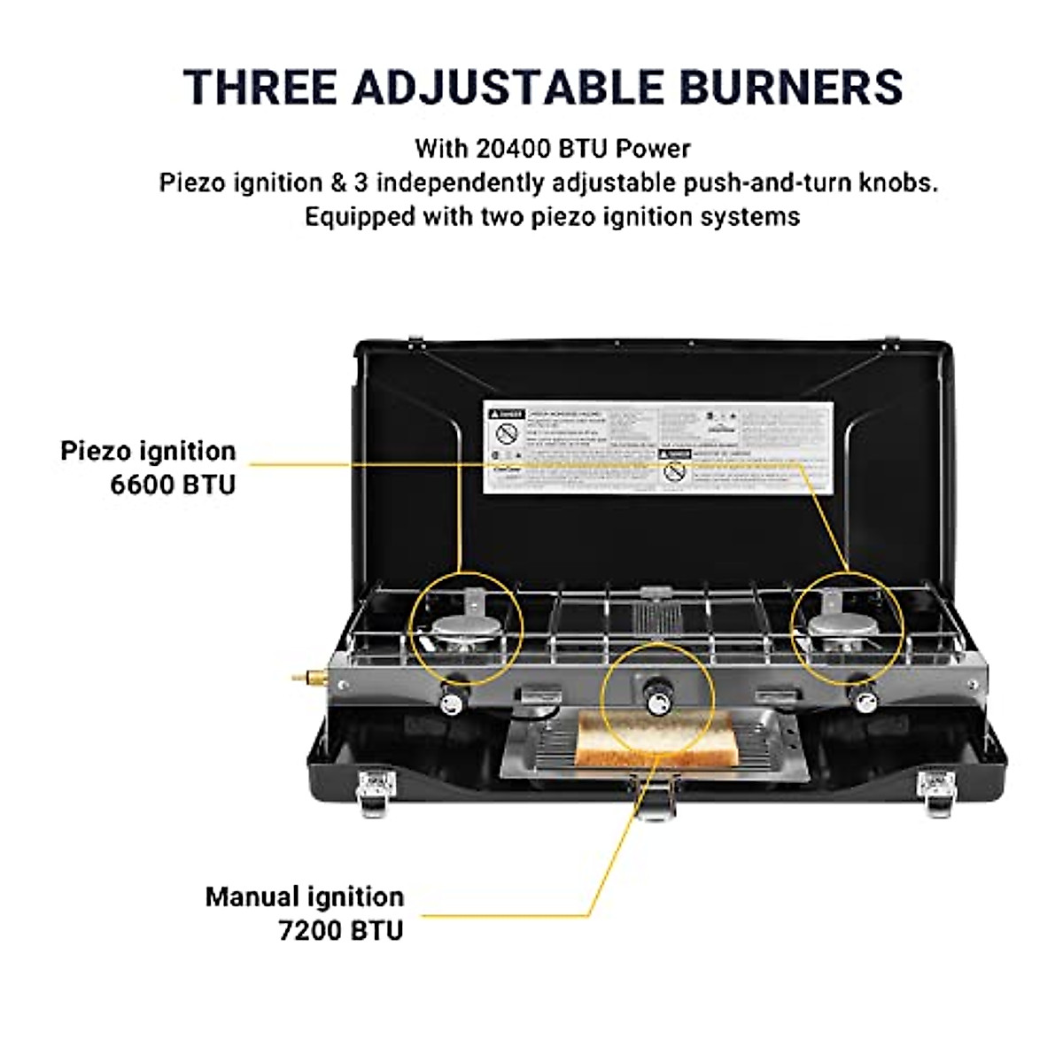 FineFlame Camping Propane Stove 3 Burners 20400 BTU Portable Camp Stove Propane Grill AGA CSA Certified Gas Stove for Family Camping BBQ Outdoors