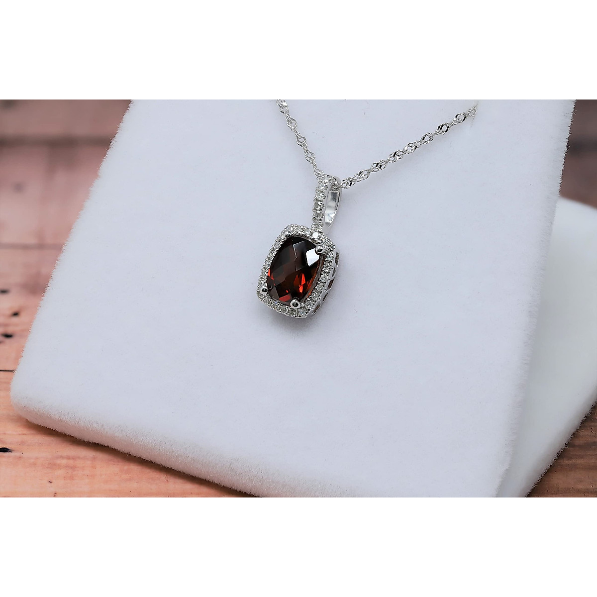 KOKAV Genuine Garnet Cushion 1 Ct with Diamond Pendant Necklace in 14K White Gold