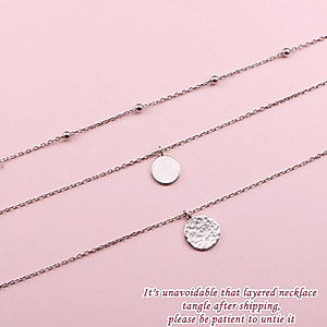 FLYOW Multi Layered Choker Necklace S925 Sterling Silver Coin Beaded Hammered Disc Long Chain Dainty Pendant Necklace for Women