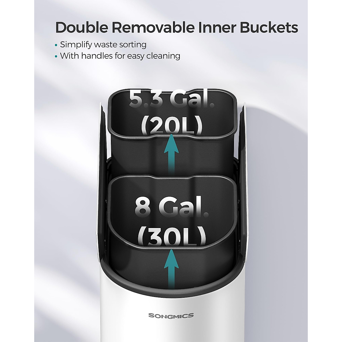 SONGMICS 13-Gallon Dual Kitchen Trash Can, 5.3 and 8 Gallon Compartments, Garbage Can with Wing Lids, Stainless Steel, Soft Close, Inner Buckets, Cloud White and Metallic Silver ULTB570W50