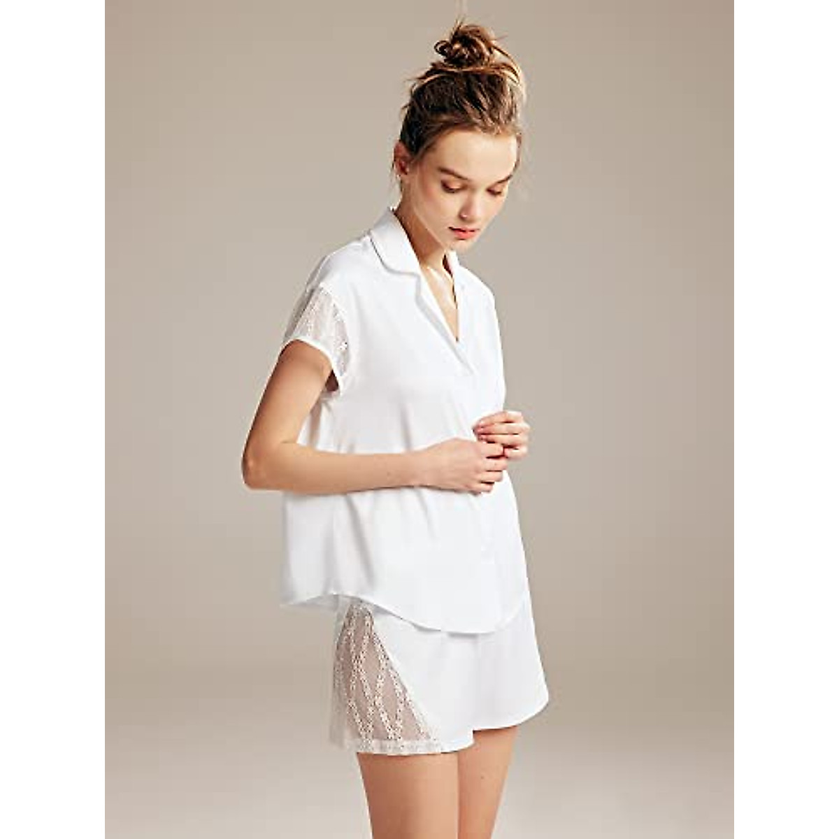 AW BRIDAL White Bride Pajamas Silk Pajama Set for Women Short Button Down Pajamas with Patchwork Lace 2Pieces PJ Set, White L