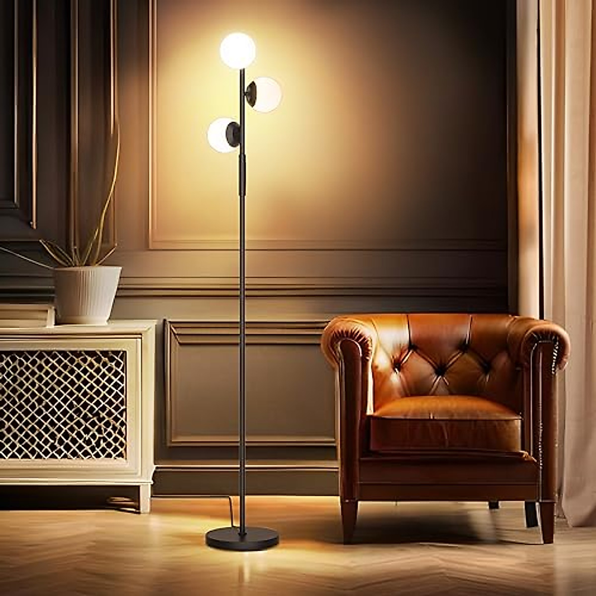 SIBRILLE LED Floor Lamp for Bedroom, 3 Globe Bright Standing Lamp with Remote Control, 4 Color Temperaure Dimmable Modern Bedroom lamp for Living Room Home Office, 24W, Black