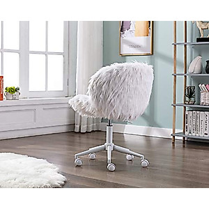 White Vanity Chair Faux Fur Swivel Desk Chair Cute Fluffy Armless Office Chair Rolling Makeup Chairs for Teens Bedroom Study Room, Height Adjustable