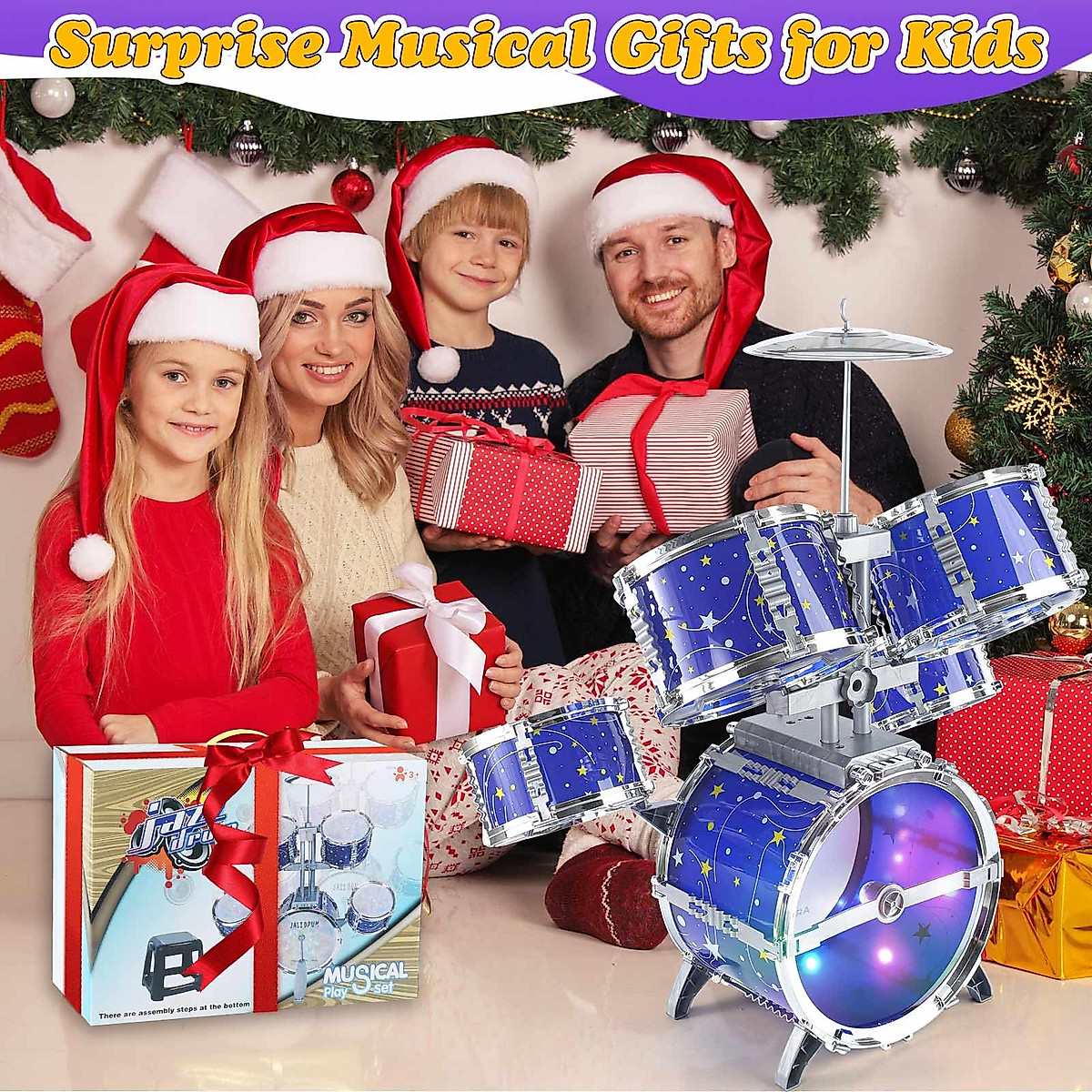 Upgraded Kids Drum Set for Toddlers 1-3, Kids Jazz Drum Ages 3-5, Star Light up Musical Instrument Toys for Boys Girls 2-5 4-6 5-7 ( All Plastic)