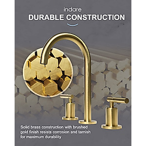 Brushed Gold Bathroom Faucet, Indare Two Handles 360° Swivel Spout Widespread 4Inch 8Inch Brass Bathroom Sink Faucet 3 Hole with Pop-Up Drain and Water Supply Lines, Upgraded Style