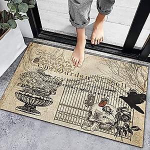 Welcome Doormat Halloween Skull Iron Gate Floral Vintage Back,Non Slip Indoor Floor Mat Bath Rug,Gothic Skeleton Crow Entrance Carpet for Bedroom Kitchen Living Room Bathroom Decor 16x24In